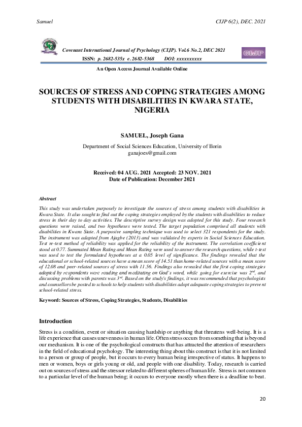 (PDF) Sources of stress and coping strategies among students with ...