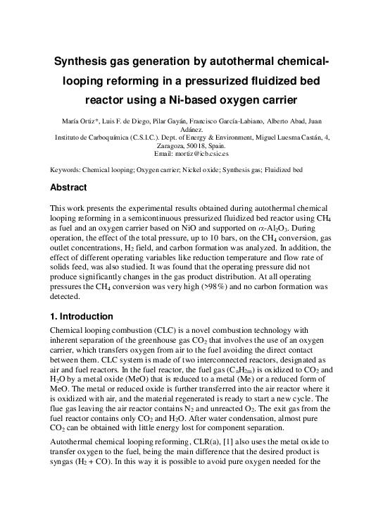 Pdf Synthesis Gas Generation By Autothermal Chemical Looping Reforming In A Pressurized