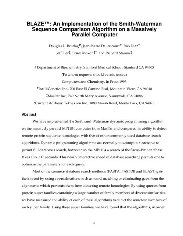 (PDF) BLAZE™: An implementation of the Smith-Waterman sequence comparison algorithm on a ...