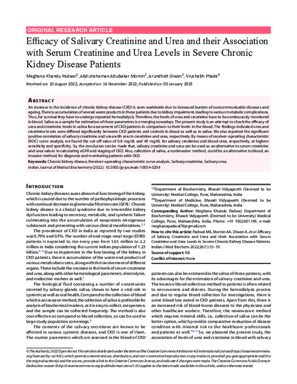(PDF) Efficacy of Salivary Creatinine and Urea and their Association with Serum Creatinine and ...