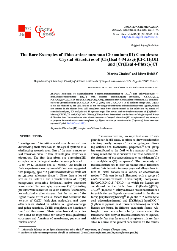 (PDF) The Rare Examples of Thiosemicarbazonato Chromium(III) Complexes ...