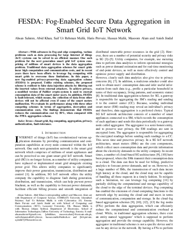 Pdf Fesda Fog Enabled Secure Data Aggregation In Smart Grid Iot Network