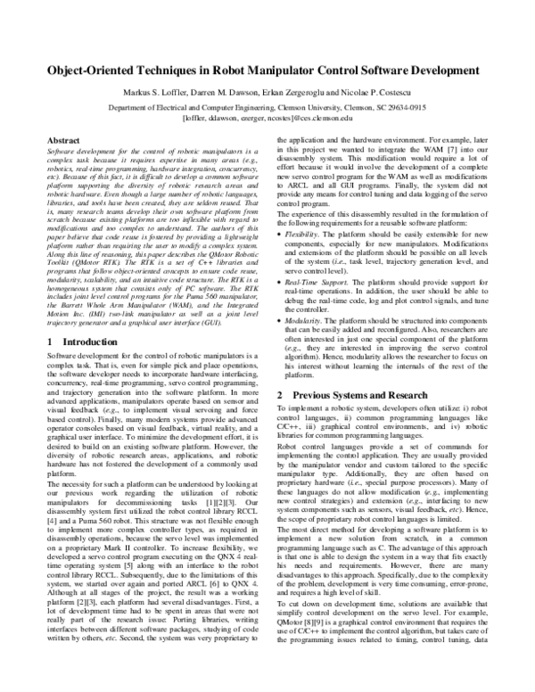 (PDF) Object-oriented techniques in robot manipulator control software development | Erkan ...
