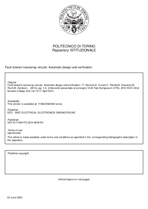(PDF) Fault tolerant nanoarray circuits: Automatic design and verification