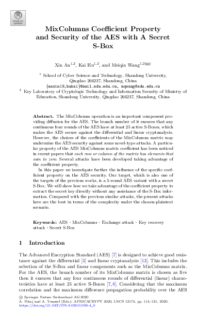 (PDF) MixColumns Coefficient Property and Security of the AES with A ...
