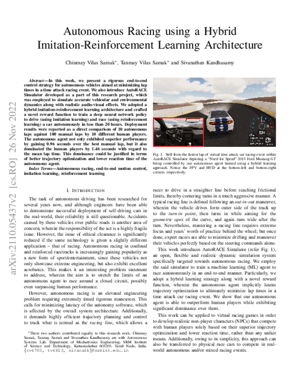 Pdf Autonomous Racing Using A Hybrid Imitation Reinforcement Learning