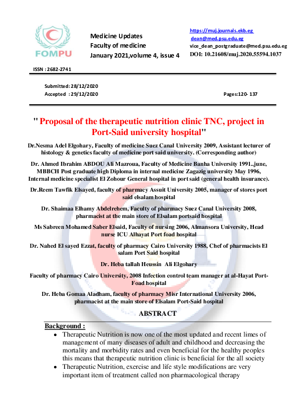 (PDF) Proposal of the therapeutic nutrition clinic TNC, project in Port ...