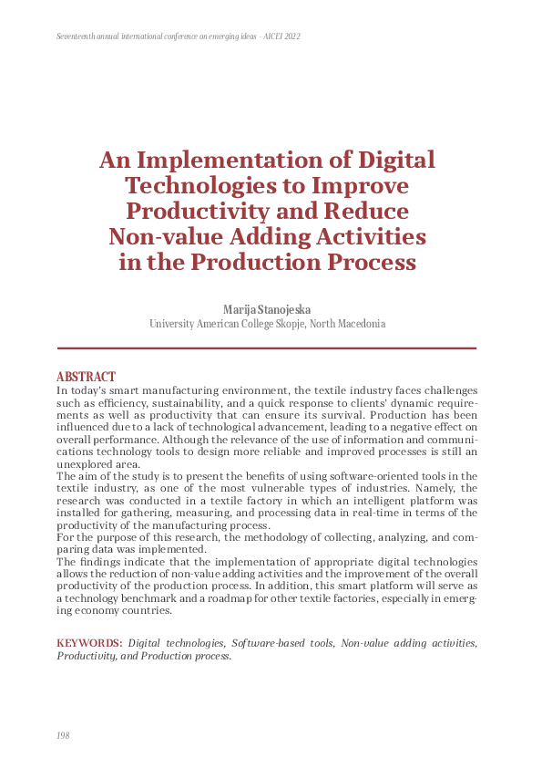 Pdf An Implementation Of Digital Technologies To Improve Productivity And Reduce Non Value