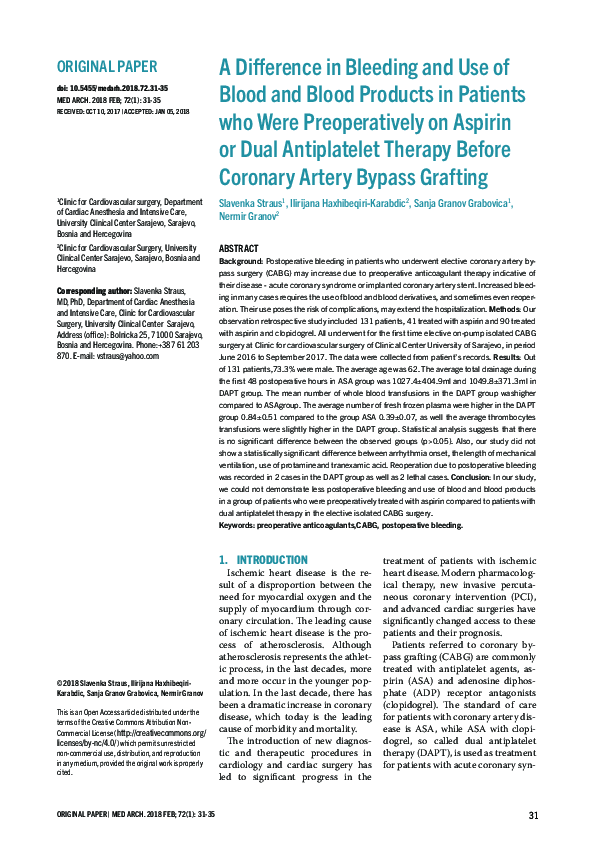 (PDF) Bleeding and Blood Product Use in CABG with Aspirin vs DAPT