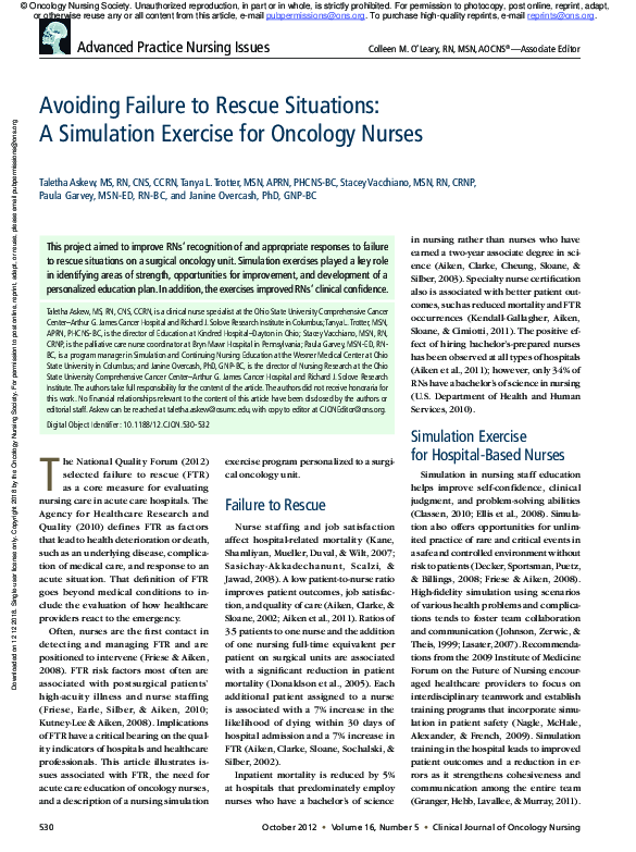 (PDF) Avoiding Failure to Rescue Situations: A Simulation Exercise for Oncology Nurses