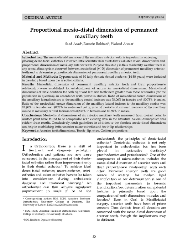 (PDF) Proportional mesio-distal dimension of permanent maxillary teeth ...
