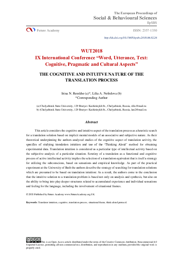 (PDF) The Cognitive And Intuitve Nature Of The Translation Process