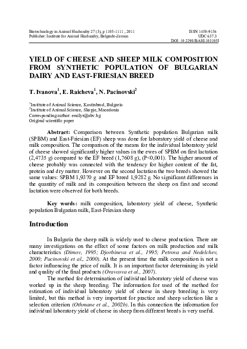 (PDF) Yield of cheese and sheep milk composition from synthetic ...