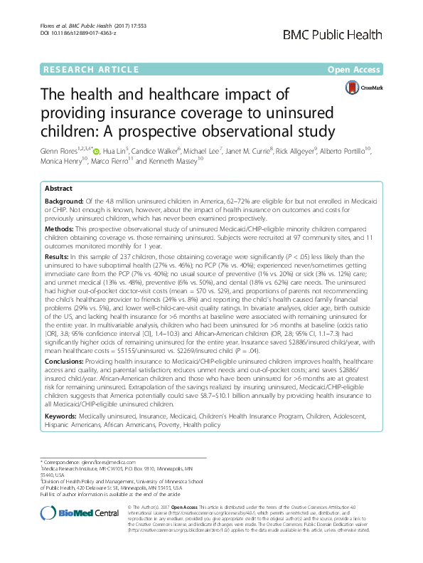 (PDF) The health and healthcare impact of providing insurance coverage ...