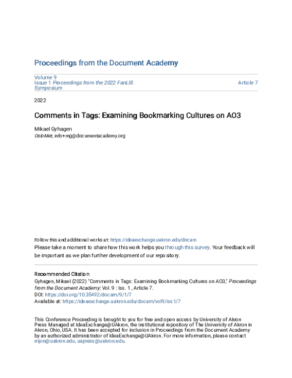 (PDF) Comments in Tags: Examining Bookmarking Cultures on AO3