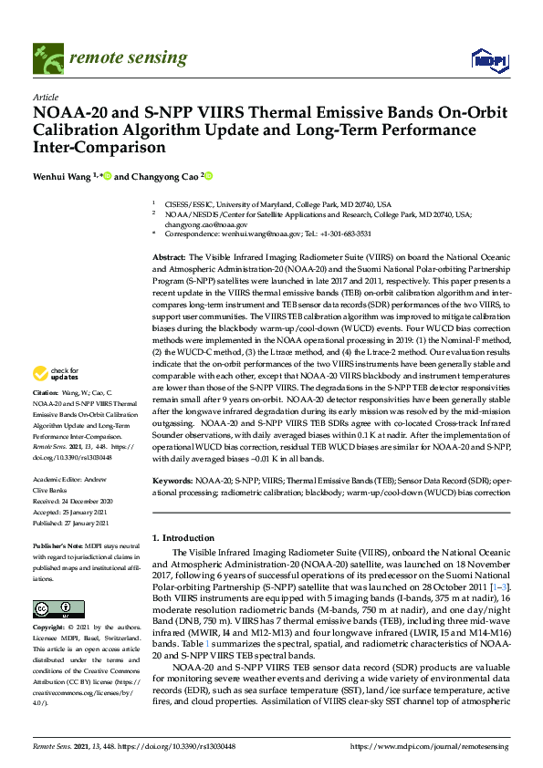 (PDF) NOAA-20 and S-NPP VIIRS Thermal Emissive Bands On-Orbit ...