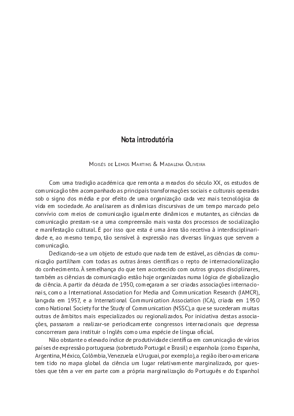 (PDF) Nota introdutória / Nota introductoria | Moisés de Lemos Martins ...