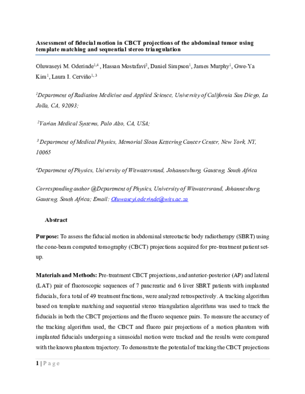 Pdf Assessment Of Fiducial Motion In Cbct Projections Of The