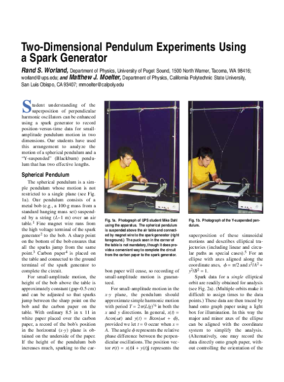 (PDF) Two-dimensional pendulum experiments using a spark generator ...