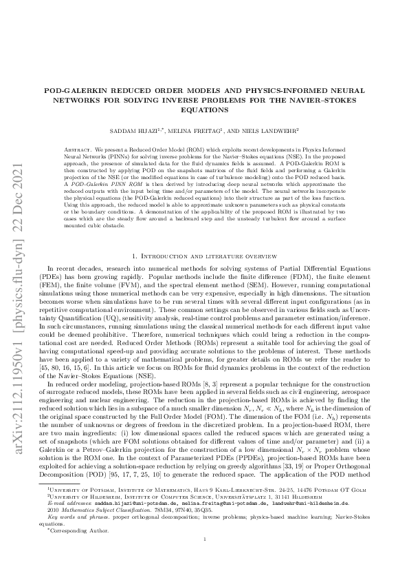 (PDF) POD-Galerkin reduced order models and physics-informed neural networks for solving inverse ...
