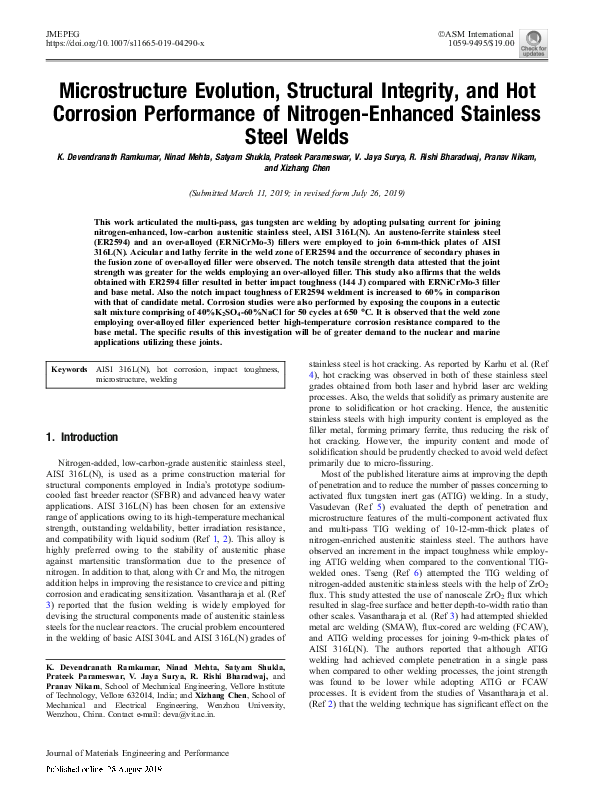 Pdf Nitrogen Enhanced Stainless Steel Weld Performance