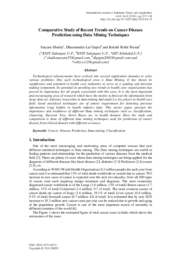 (PDF) Comparative Study of Recent Trends on Cancer Disease Prediction using Data Mining Techniques