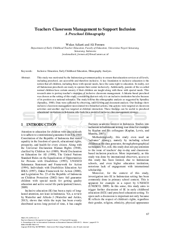 (PDF) Teachers Classroom Management to Support Inclusion - A Preschool Ethnography