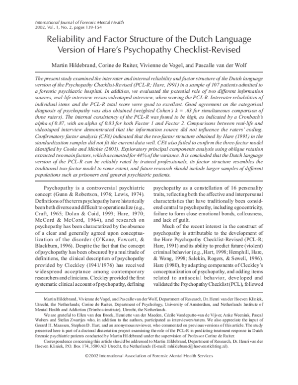 (PDF) Reliability and Factor Structure of the Dutch Language Version of ...
