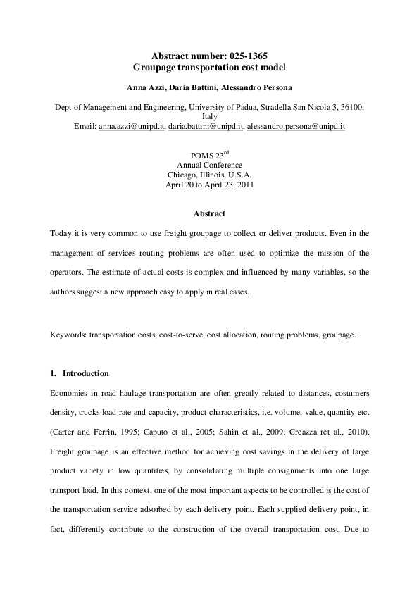 (PDF) Groupage transportation cost model