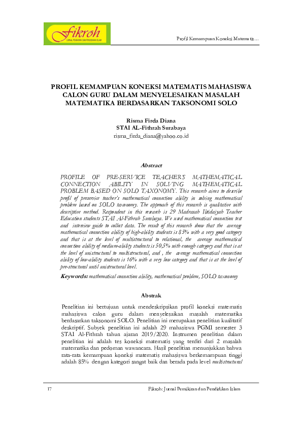 (PDF) Profil Kemampuan Koneksi Matematis Mahasiswa Calon Guru dalam Menyelesaikan Masalah ...