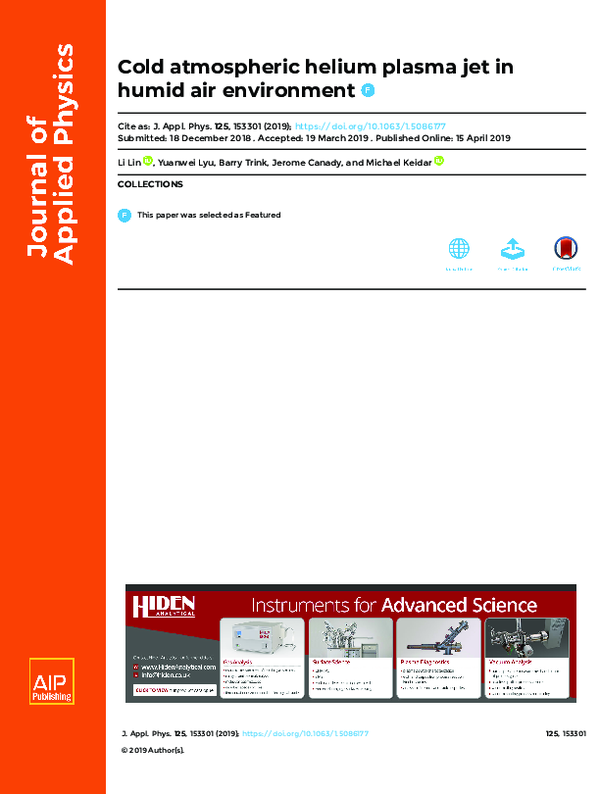 (PDF) Cold atmospheric helium plasma jet in humid air environment