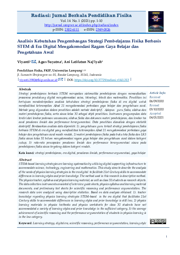 (PDF) Analisis Kebutuhan Pengembangan Strategi Pembelajaran Fisika Berbasis STEM di Era Digital ...