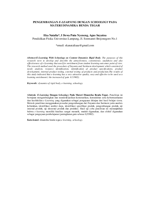 (PDF) Pengembangan E-Learning Dengan Schoology Pada Materi Dinamika Benda Tegar