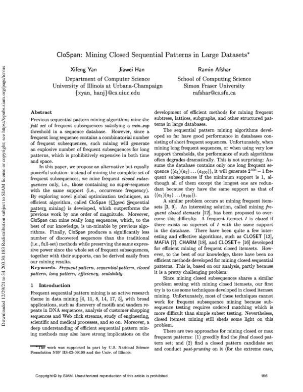 Pdf Clospan Mining Closed Sequential Patterns In Large Datasets 6646