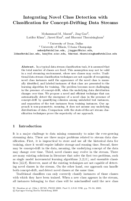 Pdf Integrating Novel Class Detection With Classification For Concept Drifting Data Streams