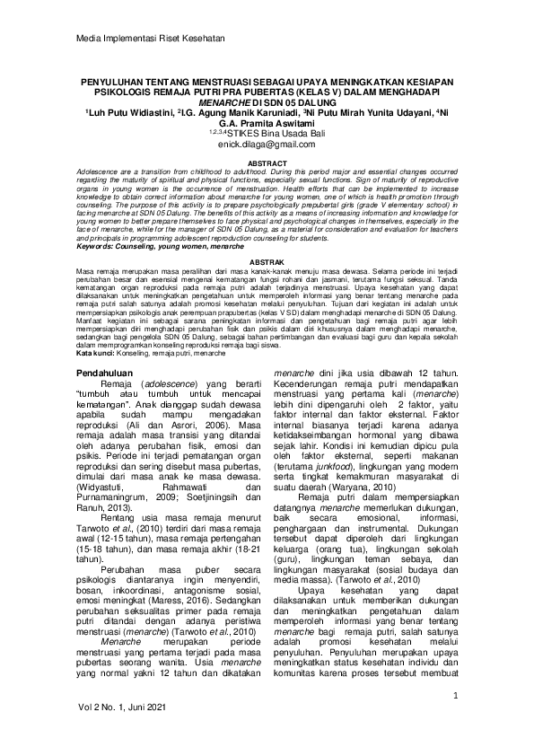 (PDF) Penyuluhan Tentang Menstruasi Sebagai Upaya Meningkatkan Kesiapan ...