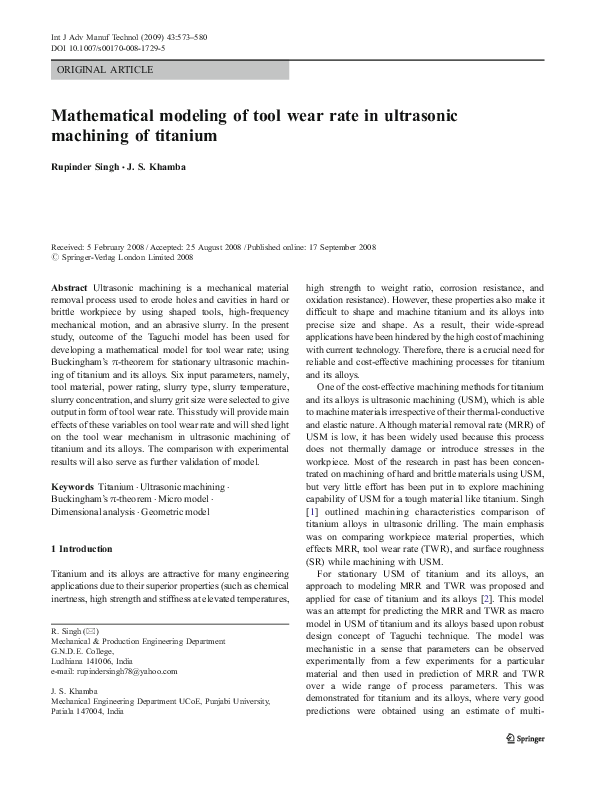 (PDF) Mathematical modeling of tool wear rate in ultrasonic machining of titanium