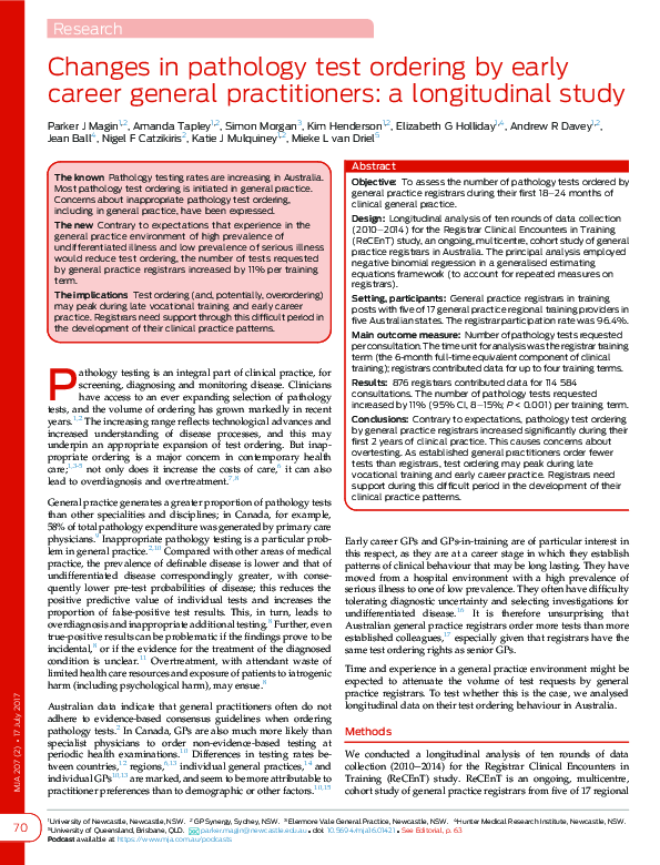 (PDF) Changes in pathology test ordering by early career general ...