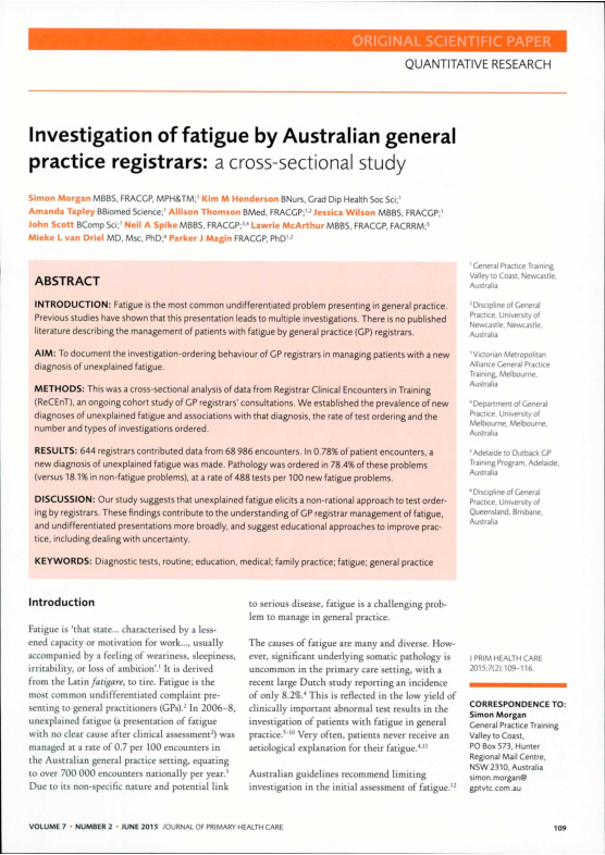 (PDF) Investigation of fatigue by Australian general practice ...