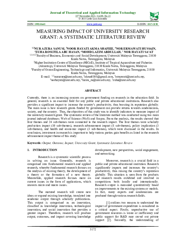 (PDF) Measuring Impact of University Research Grant: A Systematic ...