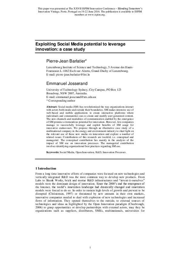 (PDF) Exploiting Social Media potential to leverage innovation: a case study