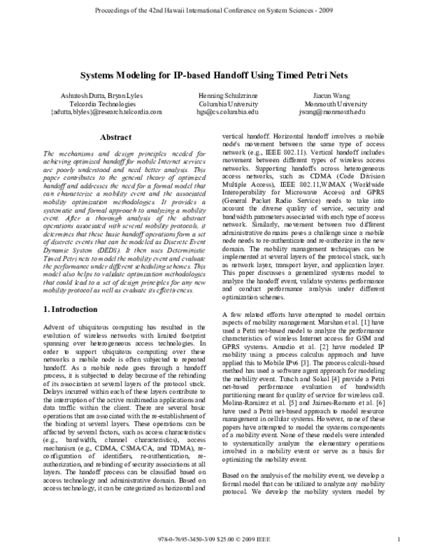 (PDF) Systems Modeling for IP-Based Handoff Using Timed Petri Nets