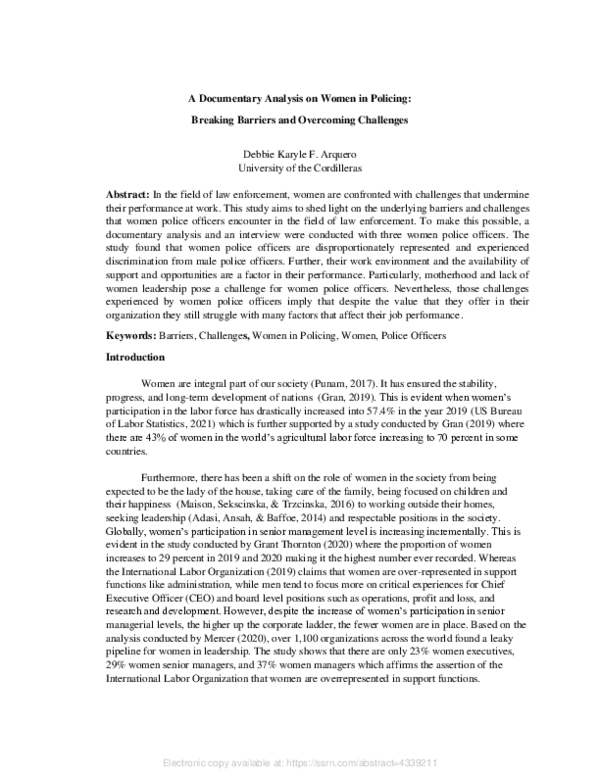 (PDF) A Documentary Analysis on Women in Policing: Breaking Barriers ...