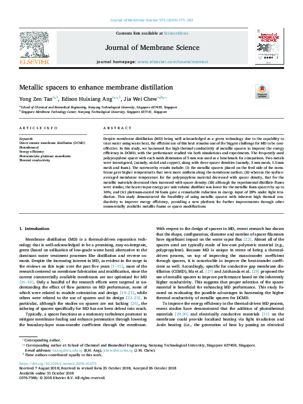 (PDF) Metallic spacers to enhance membrane distillation
