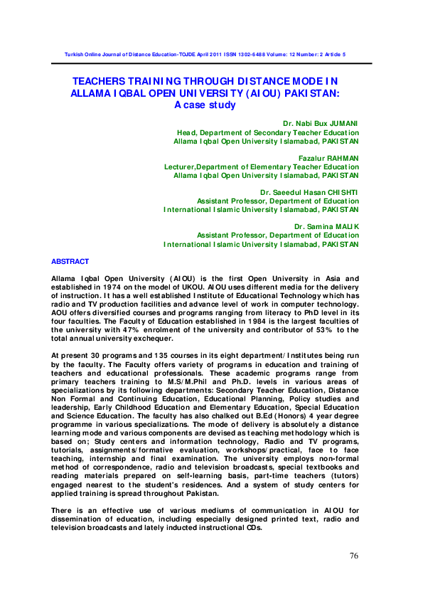 (PDF) Teachers Training through Distance Mode in Allama Iqbal Open ...