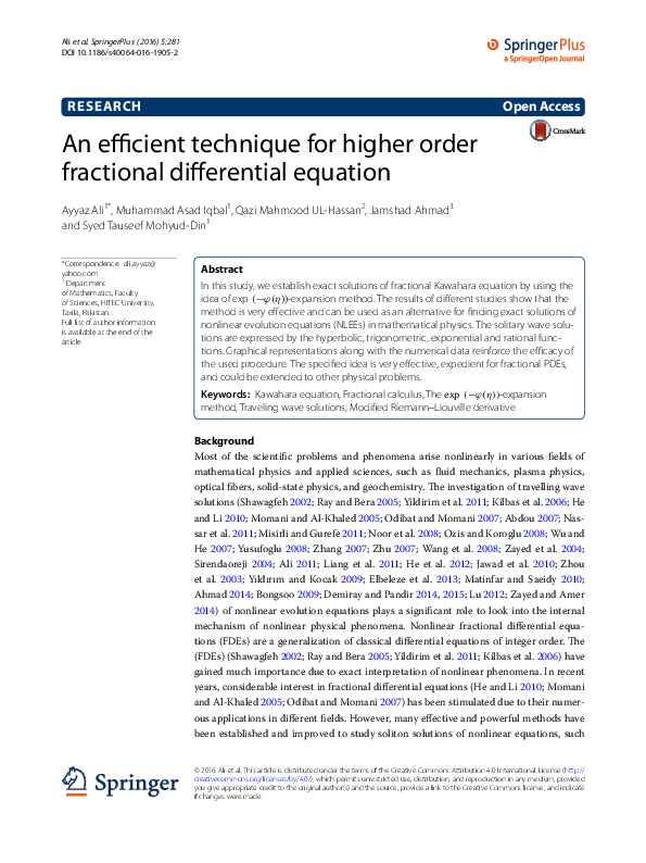 (PDF) An efficient technique for higher order fractional differential equation | MUHAMMAD IQBAL ...