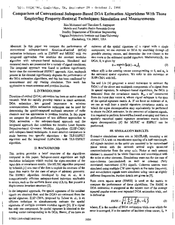 Pdf Comparison Of Conventional Subspace Based Doa Estimation Algorithms With Those Employing