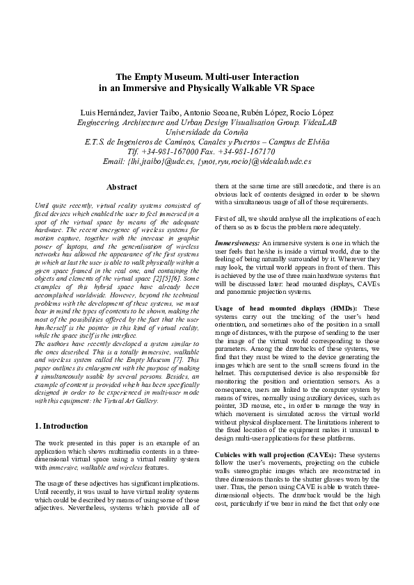 (PDF) The empty museum. Multi-user interaction in an immersive and physically walkable VR space