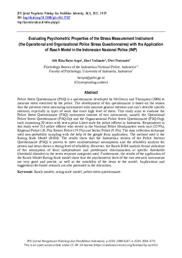 (PDF) Evaluating Psychometric Properties of the Stress Measurement Instrument (the Operational ...