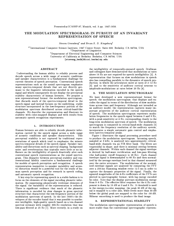 Pdf The Modulation Spectrogram In Pursuit Of An Invariant Representation Of Speech